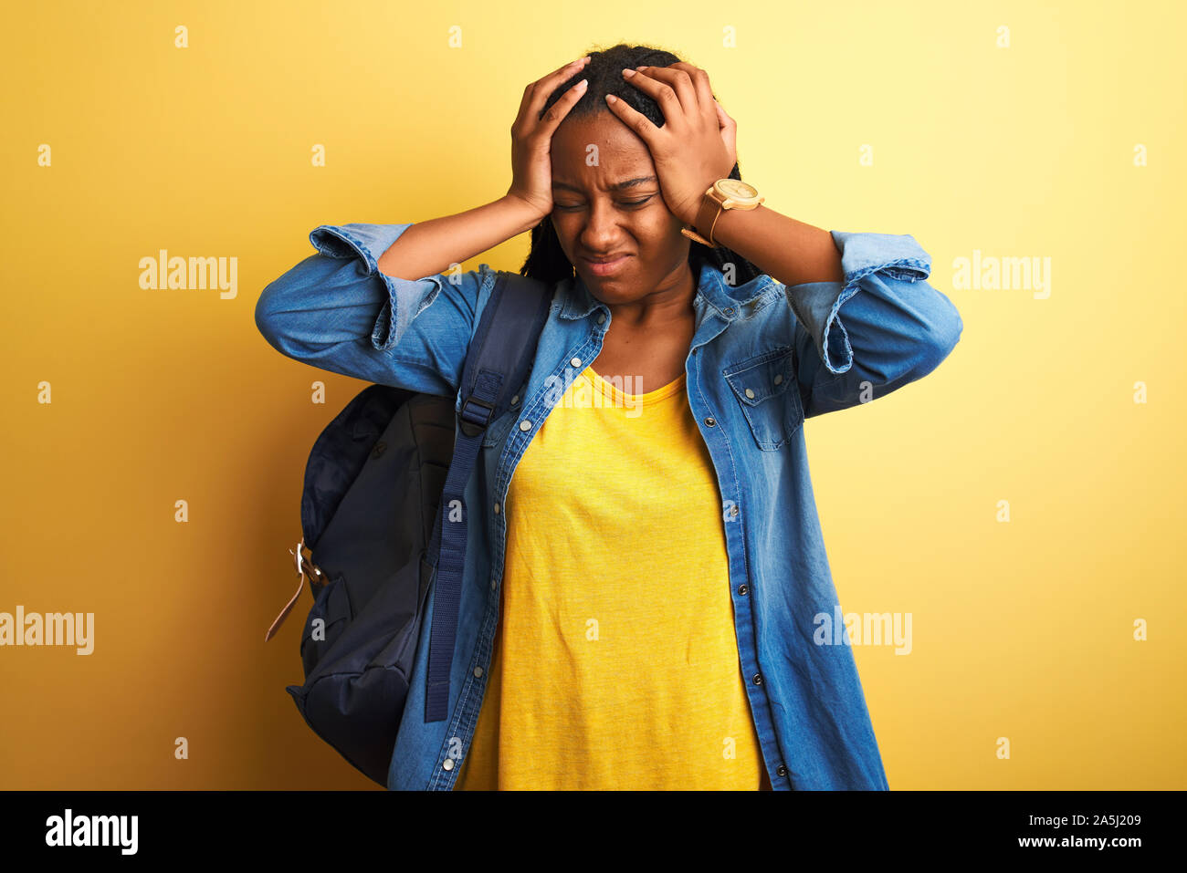 African american student woman wearing backpack standing over isolated ...