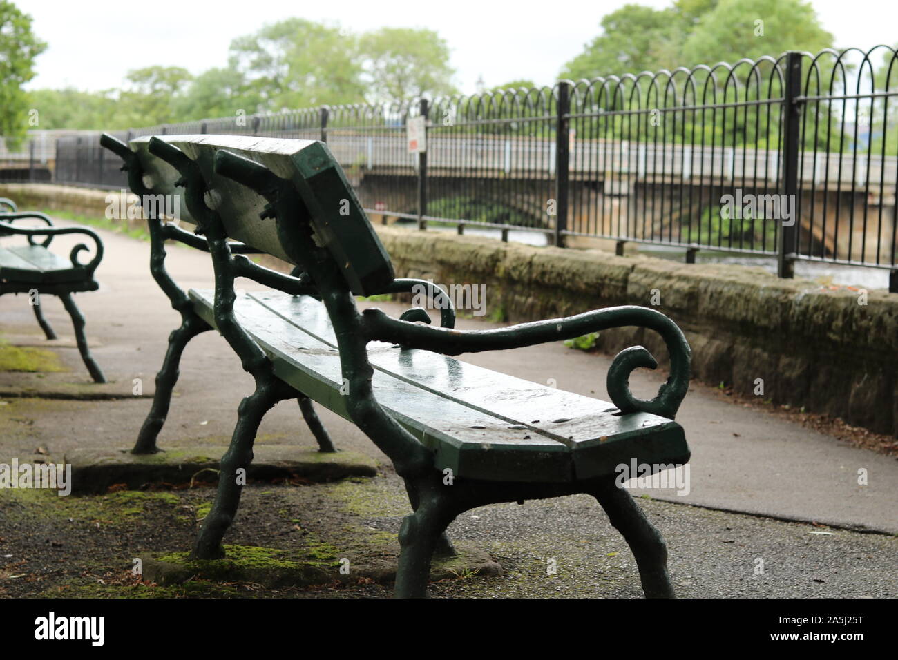 A wet bench beside a river in Otley, Yorkshire Stock Photo - Alamy