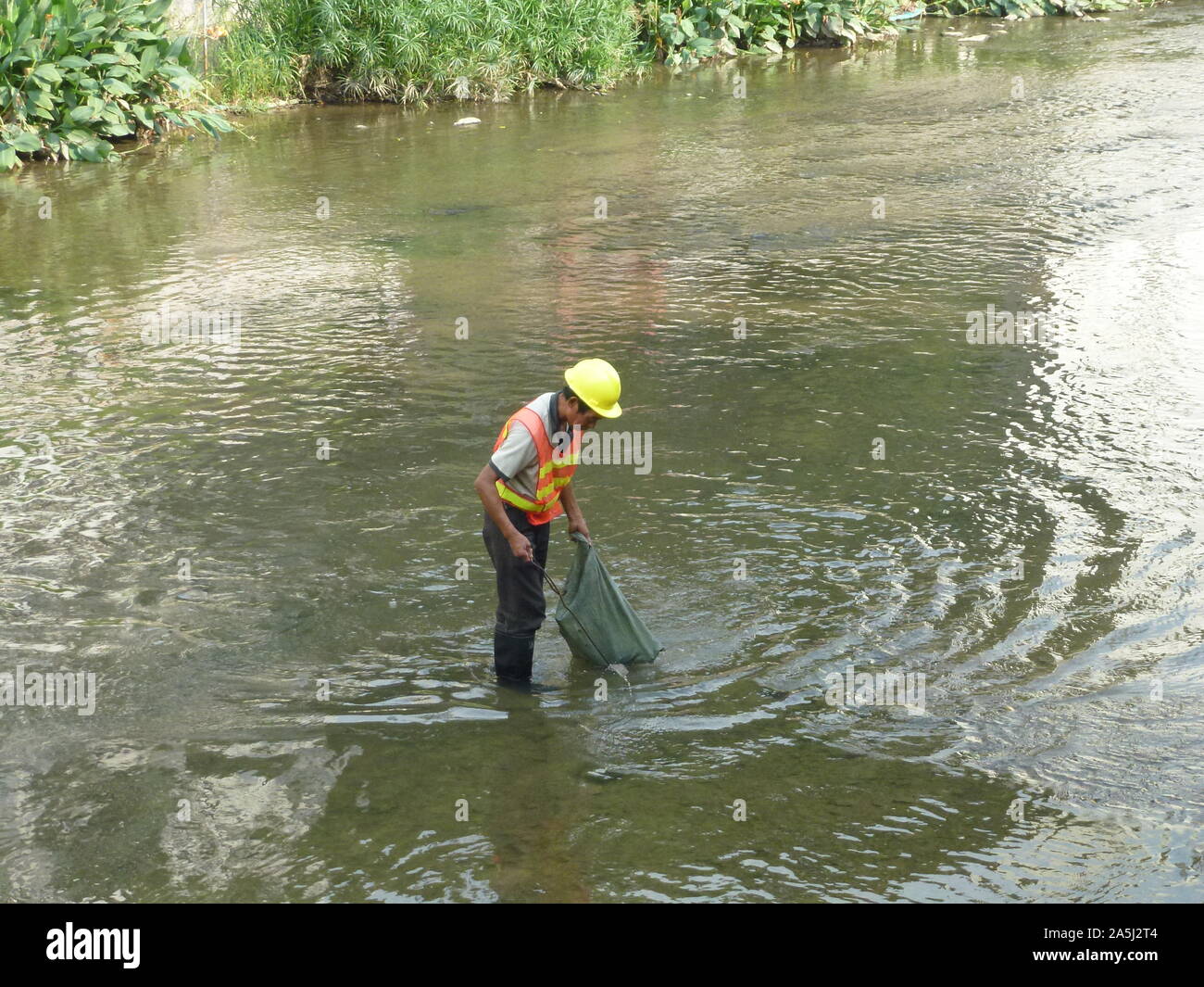 Sanitation workers clean up rubbish in rivers, in Xixiang River ...