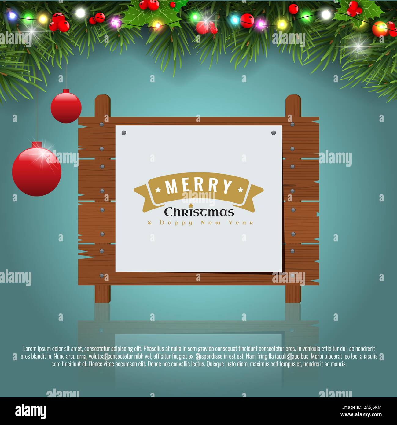 Wooden christmas message board and decoration border with fir leaf ...