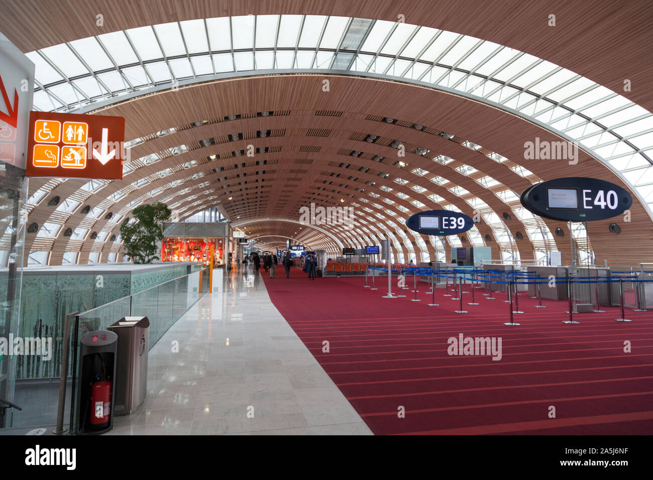 France, Paris, Interior of Charles de Gaulle airport at gates 39 & 40 ...