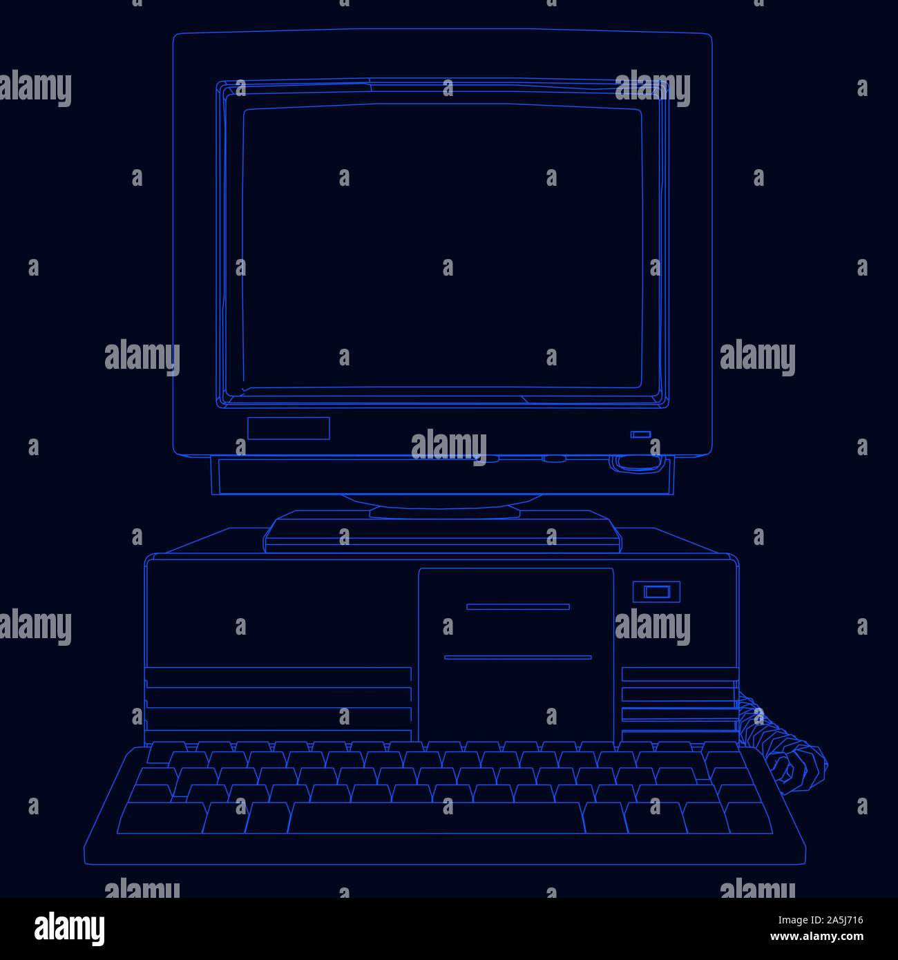 Outline of a vintage computer from blue lines on a dark background ...