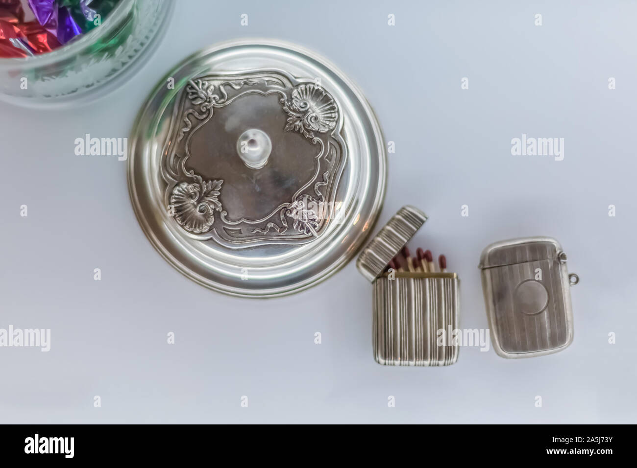 View of a decorative antique metallic objects, vintage - retro metal ...