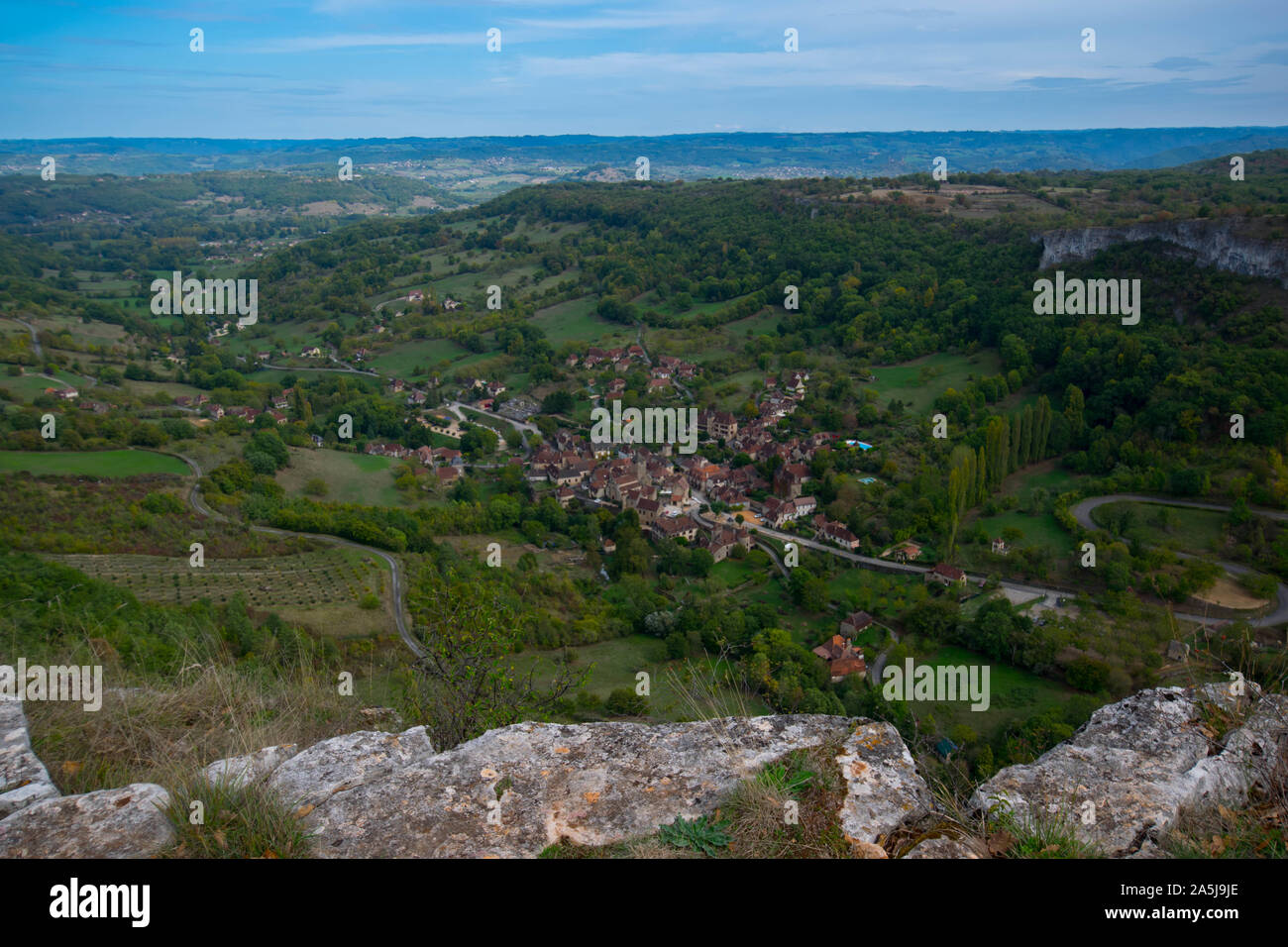 View to the medieval village of Autoire and its surroundings in the dordogne valley in france ...