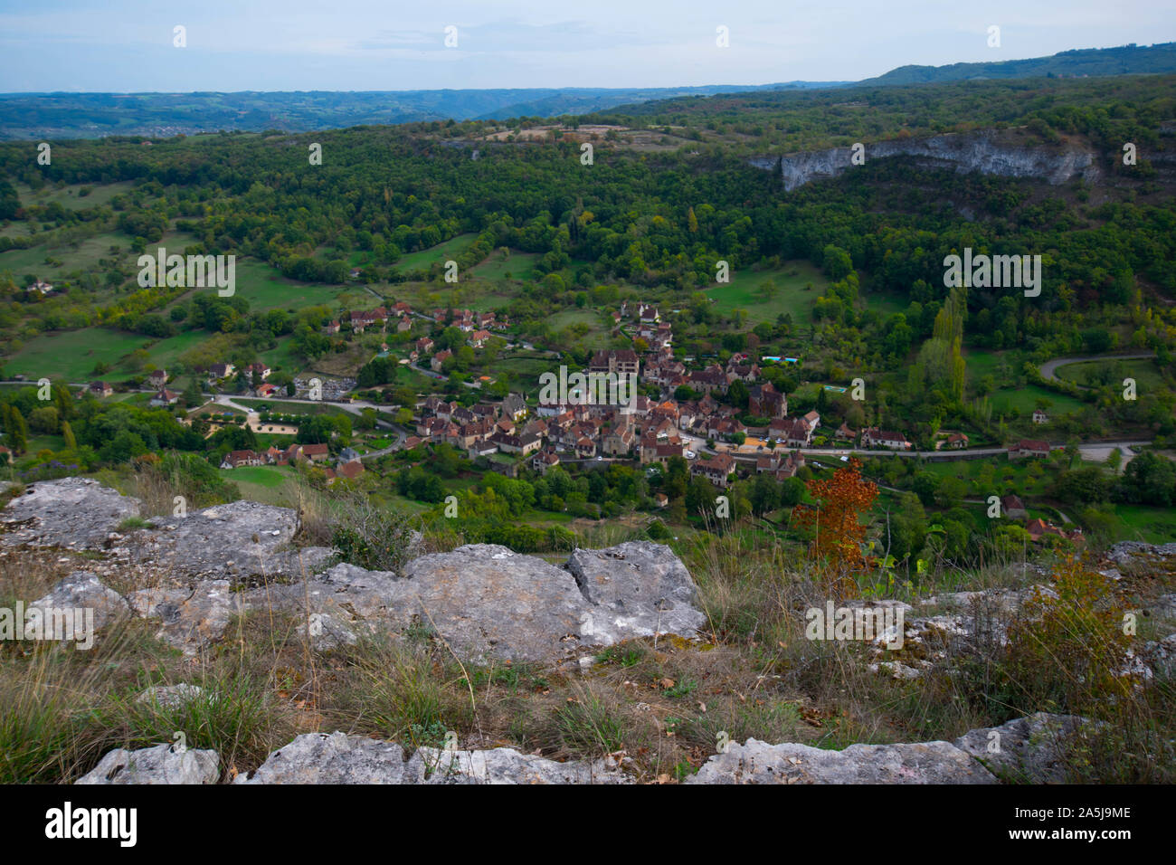 View to the medieval village of Autoire and its surroundings in the dordogne valley in france ...