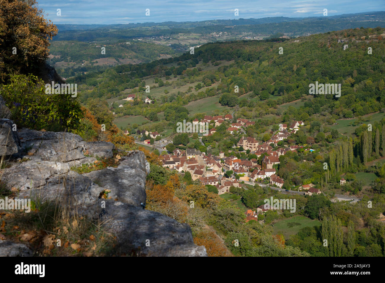 View to the medieval village of Autoire and its surroundings in the dordogne valley in france ...