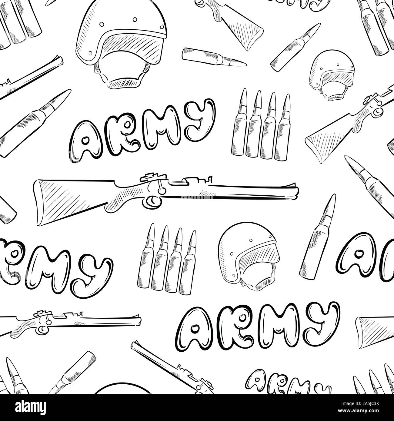 Military army Items seamless texture linear sketch Stock Photo - Alamy