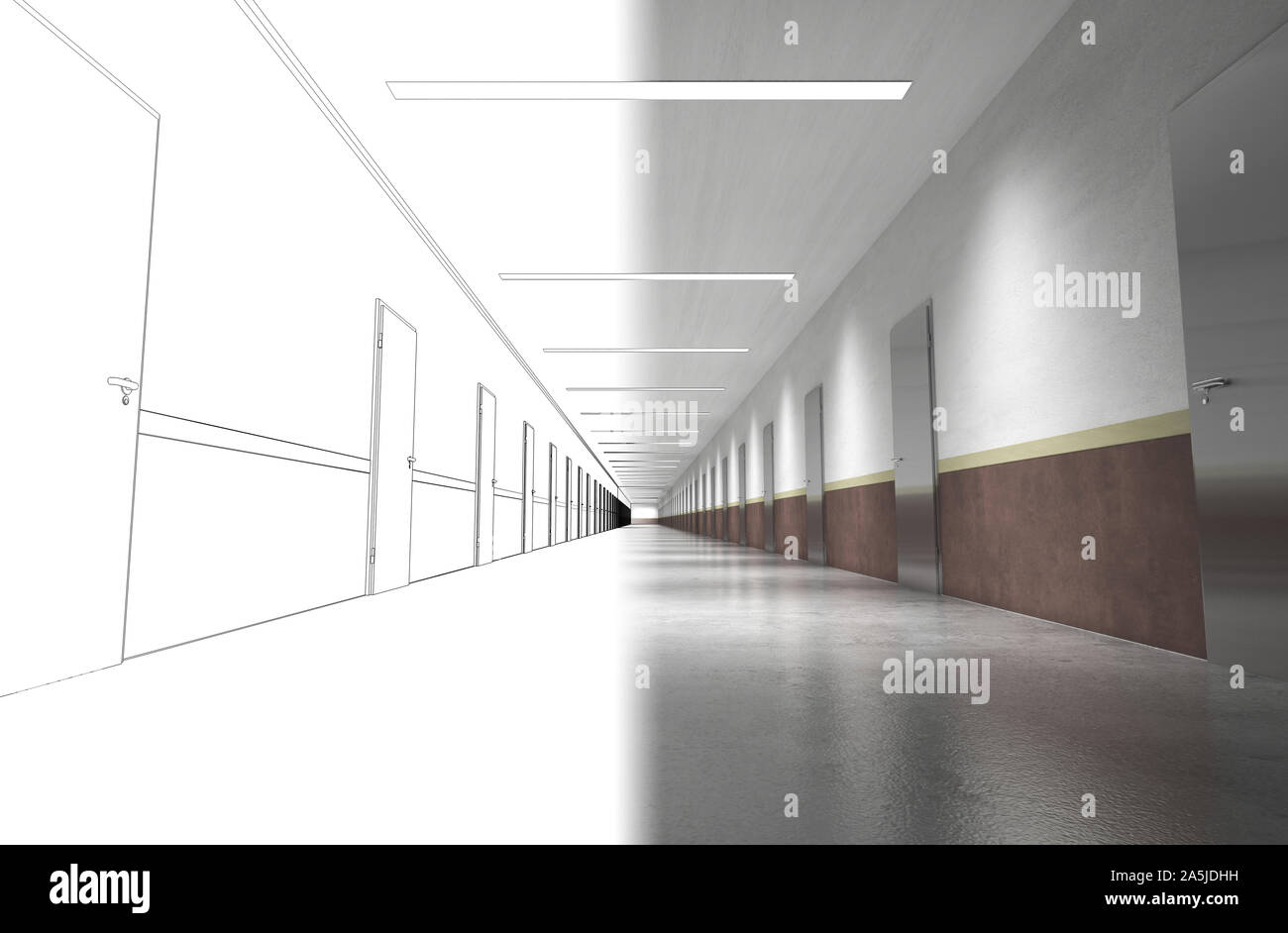 long corridor with doors, interior visualization, 3D illustration Stock ...