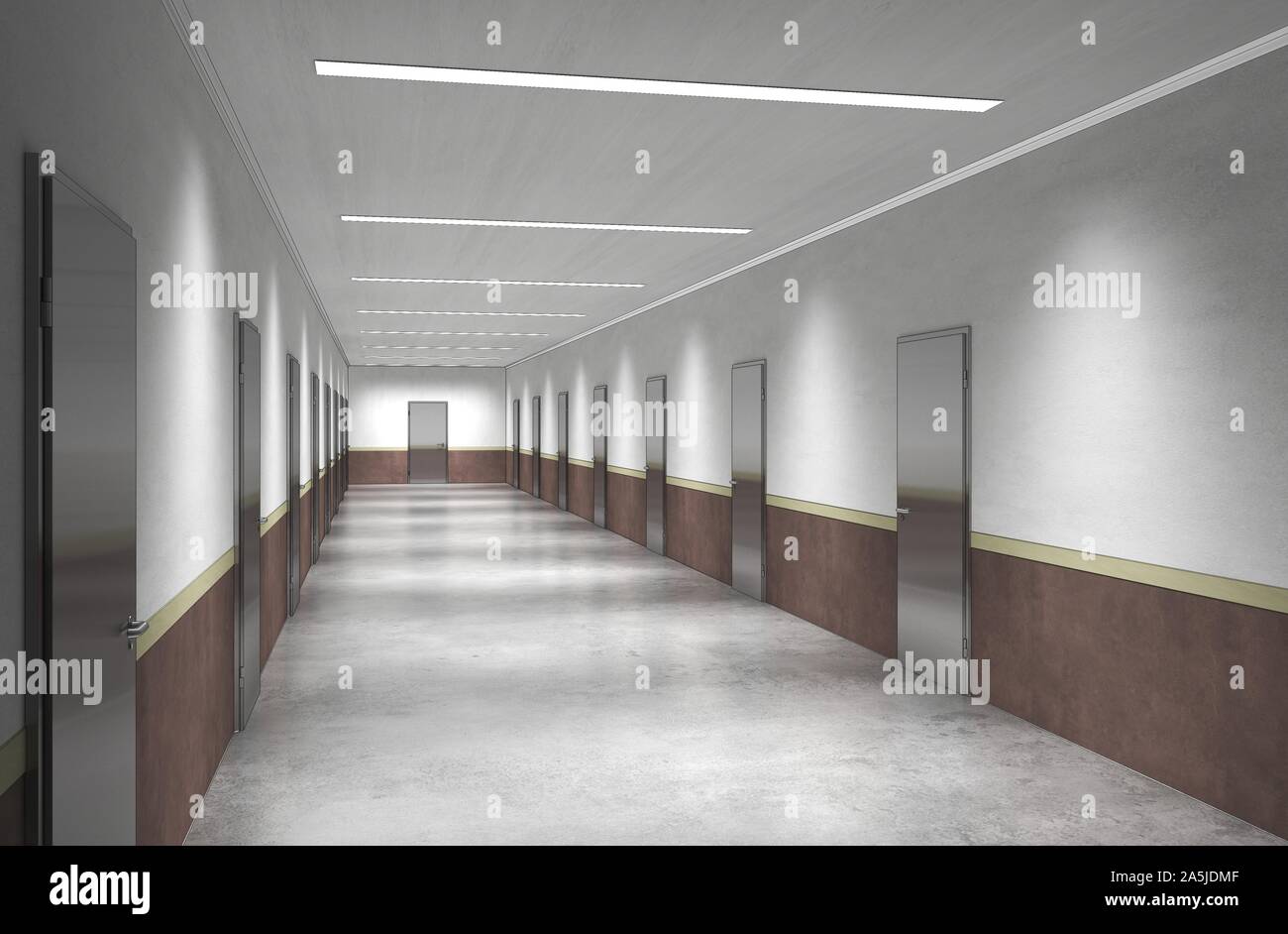 long corridor with doors, interior visualization, 3D illustration Stock ...