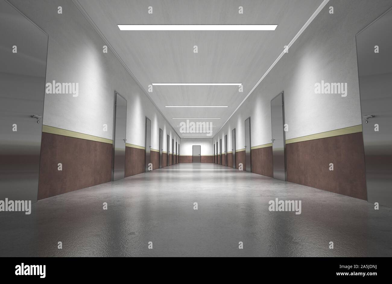 long corridor with doors, interior visualization, 3D illustration Stock ...