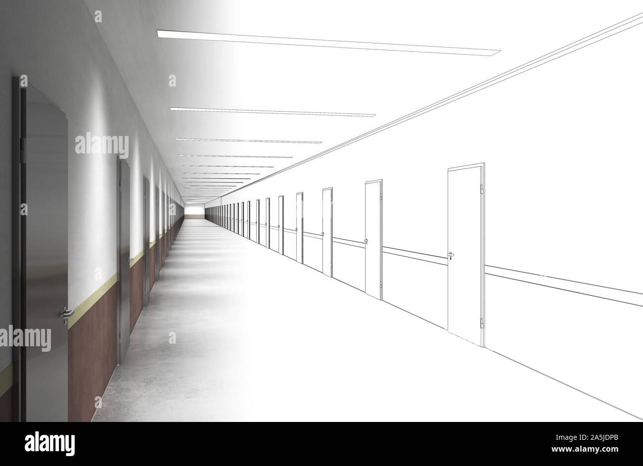 long corridor with doors, interior visualization, 3D illustration Stock ...