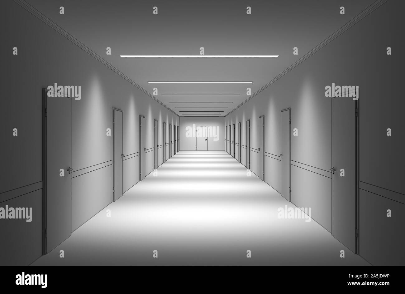 long corridor with doors, interior visualization, 3D illustration Stock ...