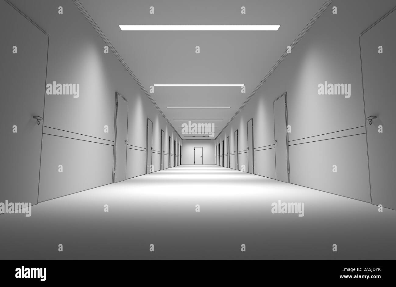long corridor with doors, interior visualization, 3D illustration Stock ...