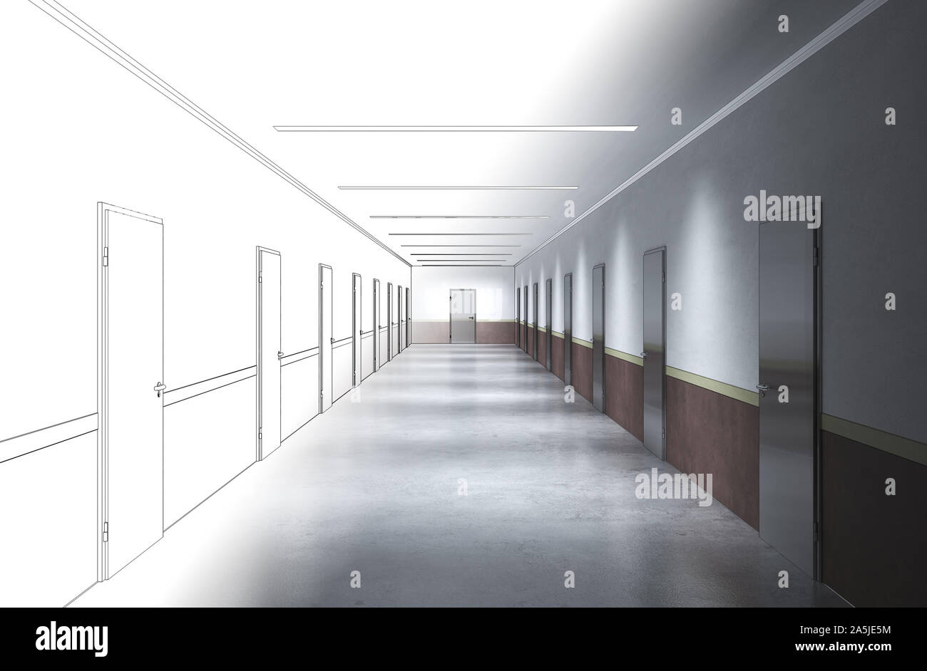 long corridor with doors, interior visualization, 3D illustration Stock ...