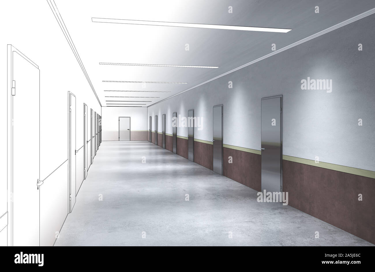 long corridor with doors, interior visualization, 3D illustration Stock ...