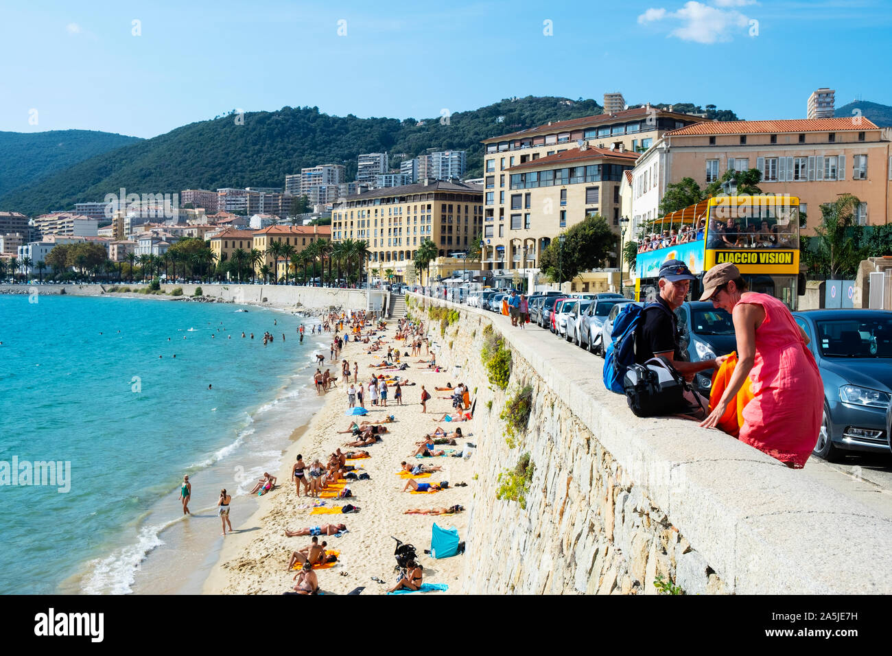 AJACCIO, FRANCE - SEPTEMBER 20, 2018: People sunbathing and bathing on ...