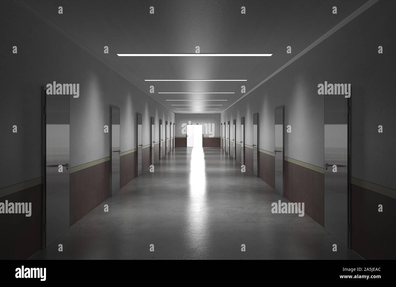 long corridor with doors, interior visualization, 3D illustration Stock ...
