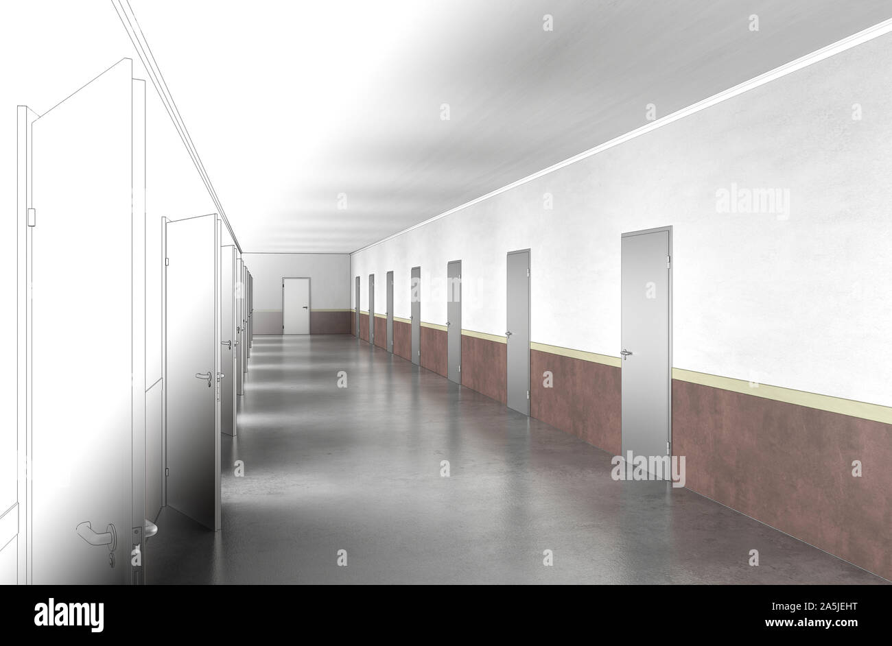 long corridor with doors, interior visualization, 3D illustration Stock ...