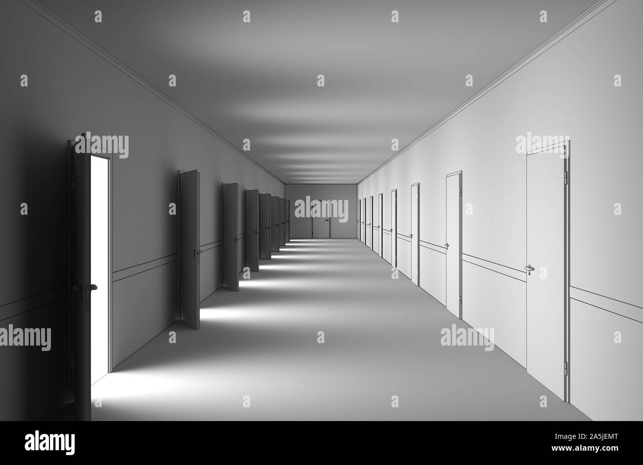 long corridor with doors, interior visualization, 3D illustration Stock ...