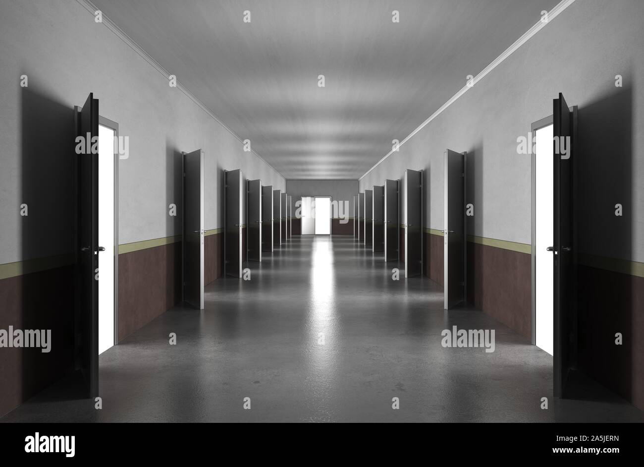 long corridor with doors, interior visualization, 3D illustration Stock ...