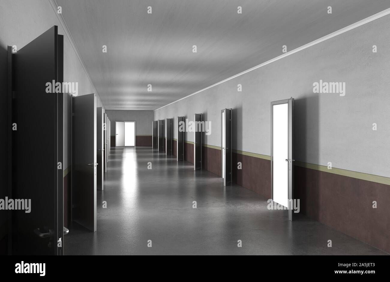 long corridor with doors, interior visualization, 3D illustration Stock ...