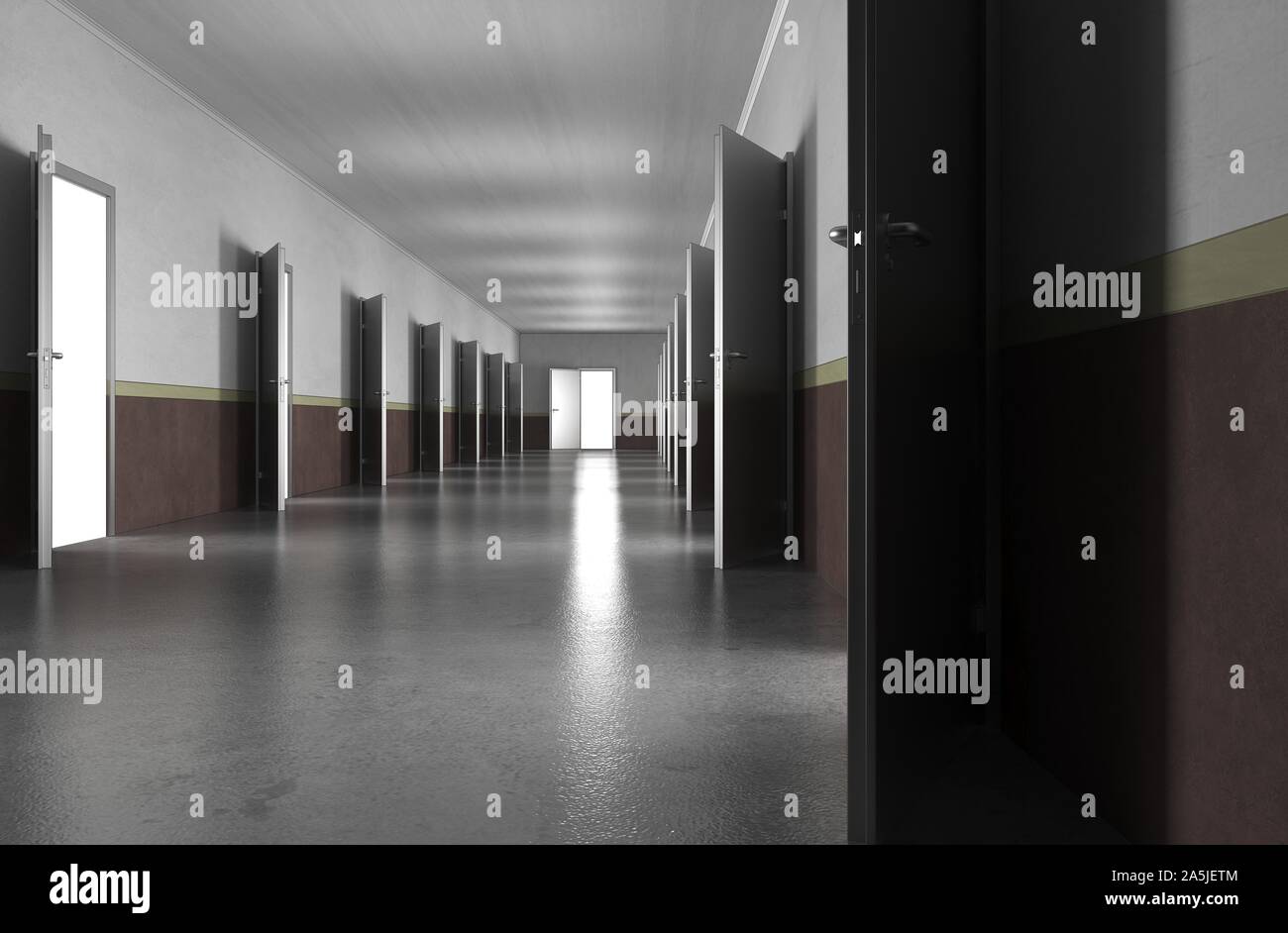 long corridor with doors, interior visualization, 3D illustration Stock ...
