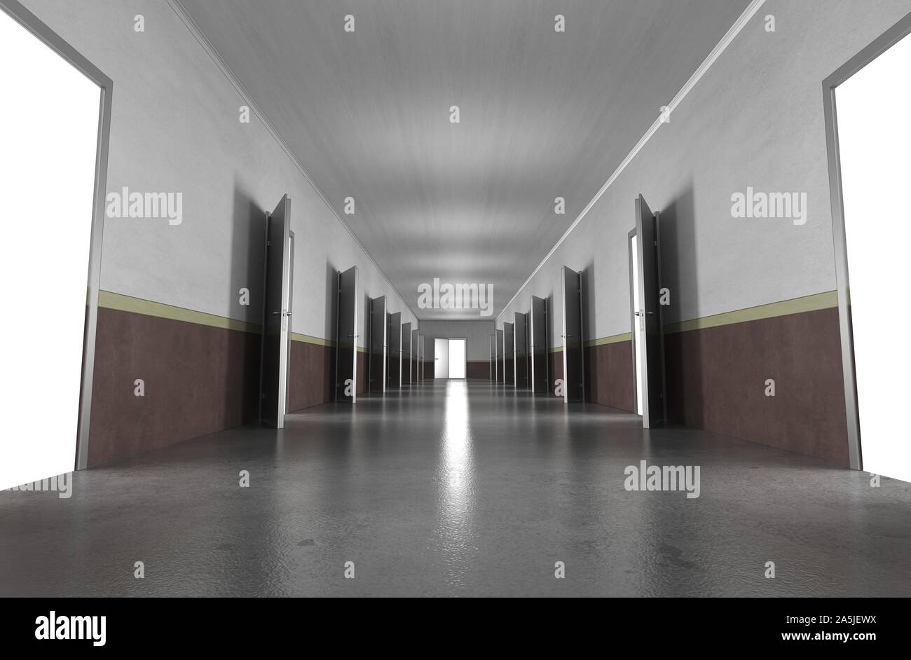 long corridor with doors, interior visualization, 3D illustration Stock ...