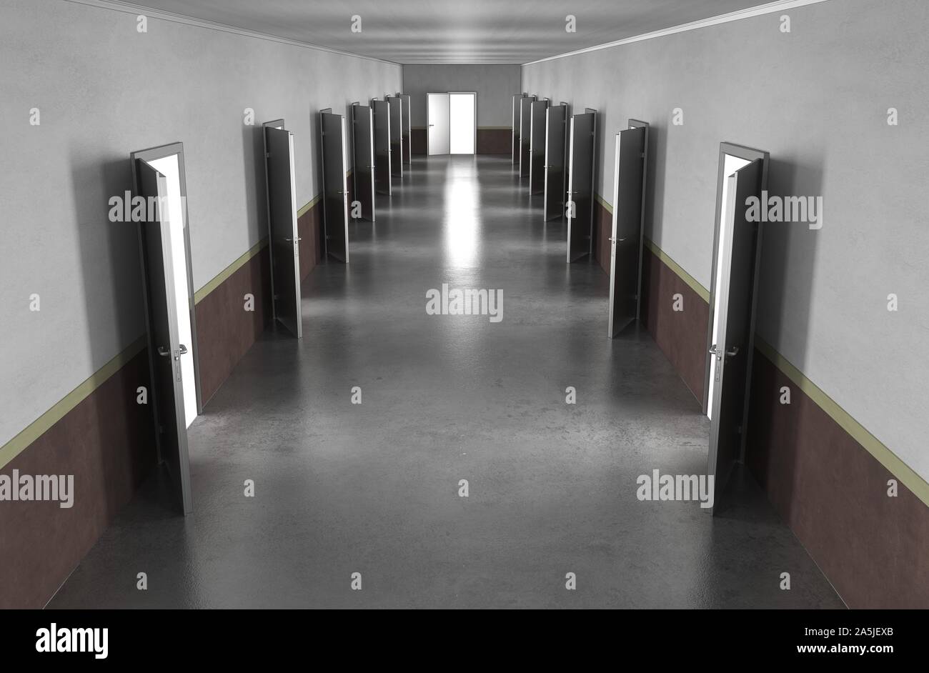 long corridor with doors, interior visualization, 3D illustration Stock ...