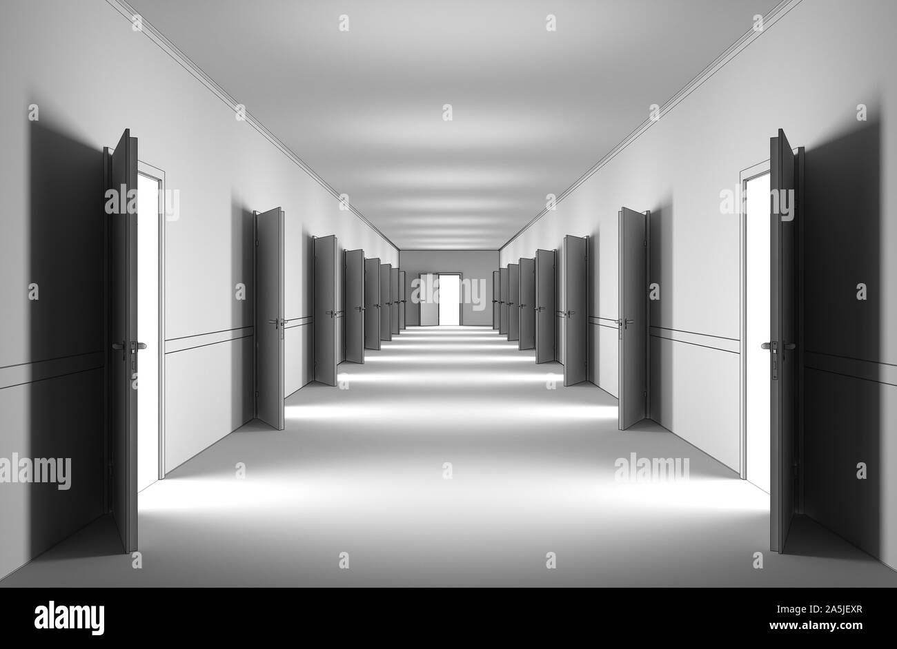 long corridor with doors, interior visualization, 3D illustration Stock ...