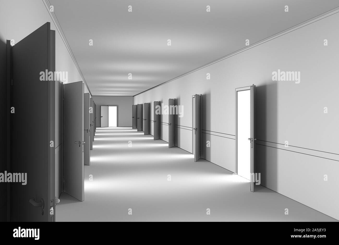 long corridor with doors, interior visualization, 3D illustration Stock ...