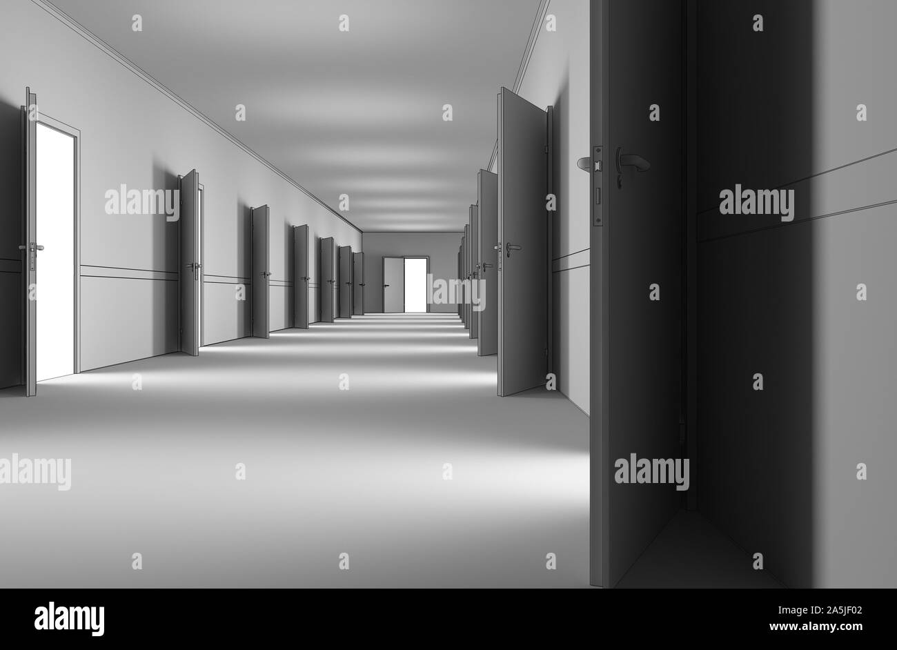 long corridor with doors, interior visualization, 3D illustration Stock ...