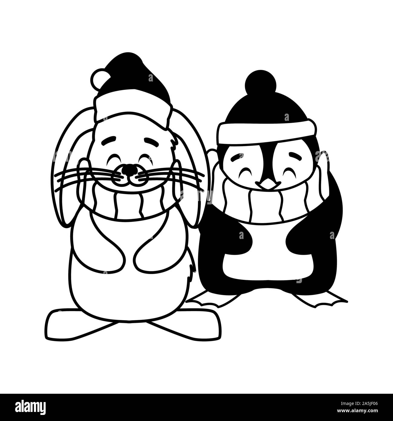 penguin and rabbit with hat and scarf in white background vector ...