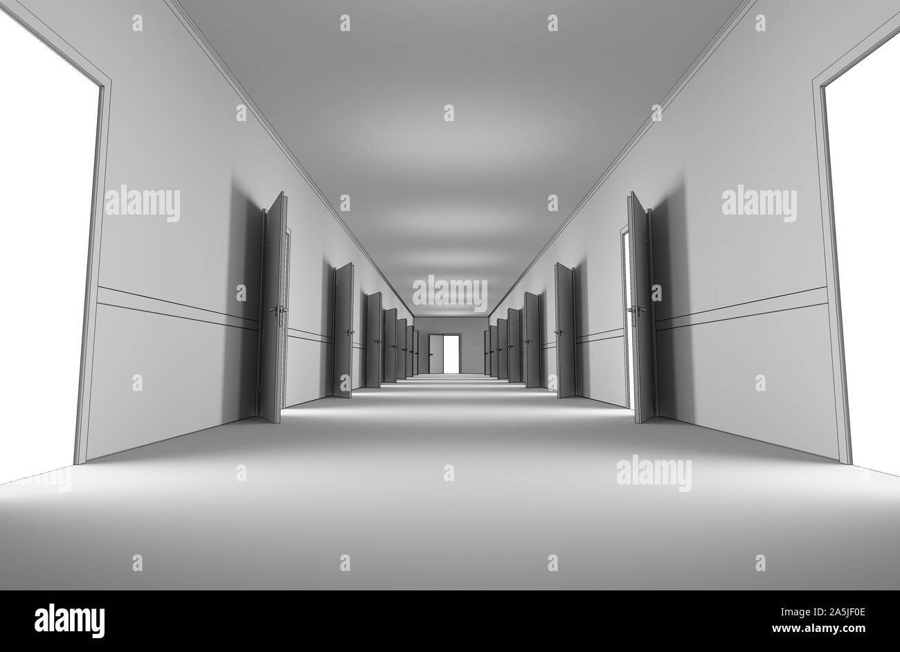 long corridor with doors, interior visualization, 3D illustration Stock ...