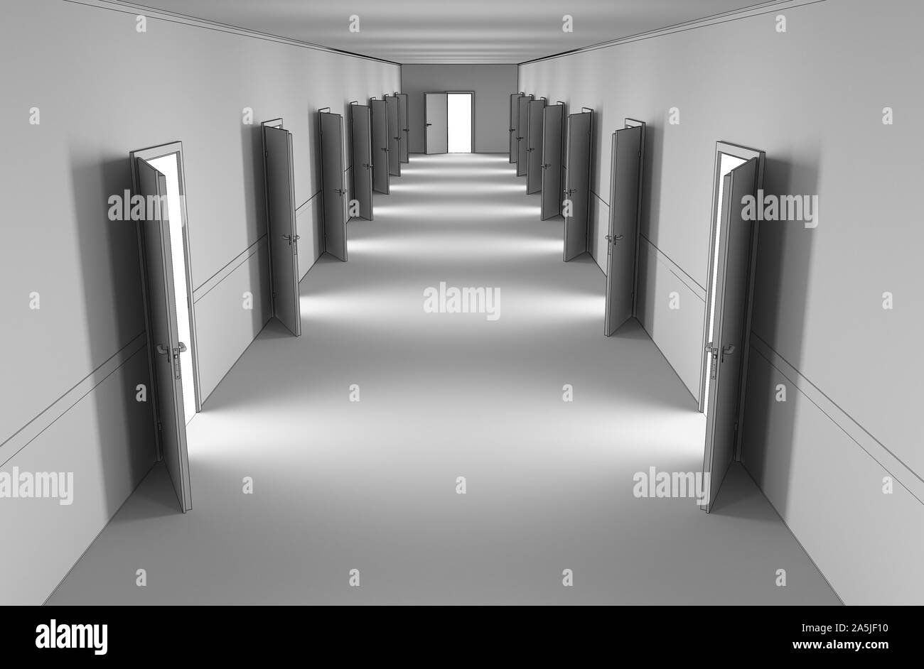 long corridor with doors, interior visualization, 3D illustration Stock ...