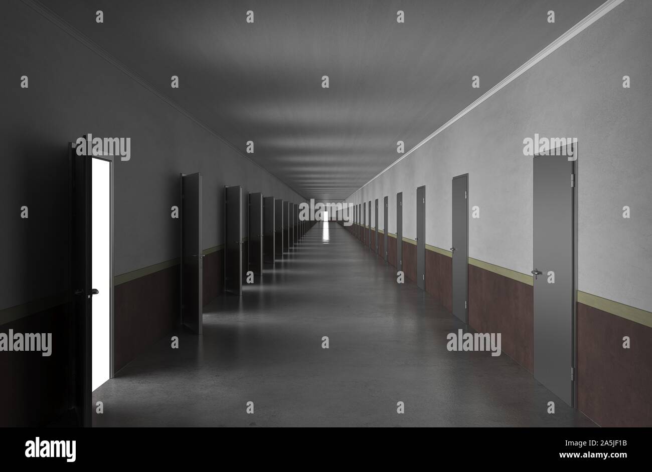 long corridor with doors, interior visualization, 3D illustration Stock ...
