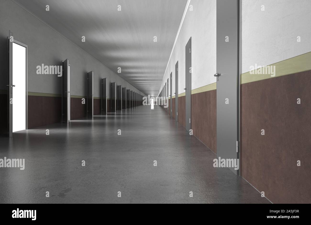 long corridor with doors, interior visualization, 3D illustration Stock ...