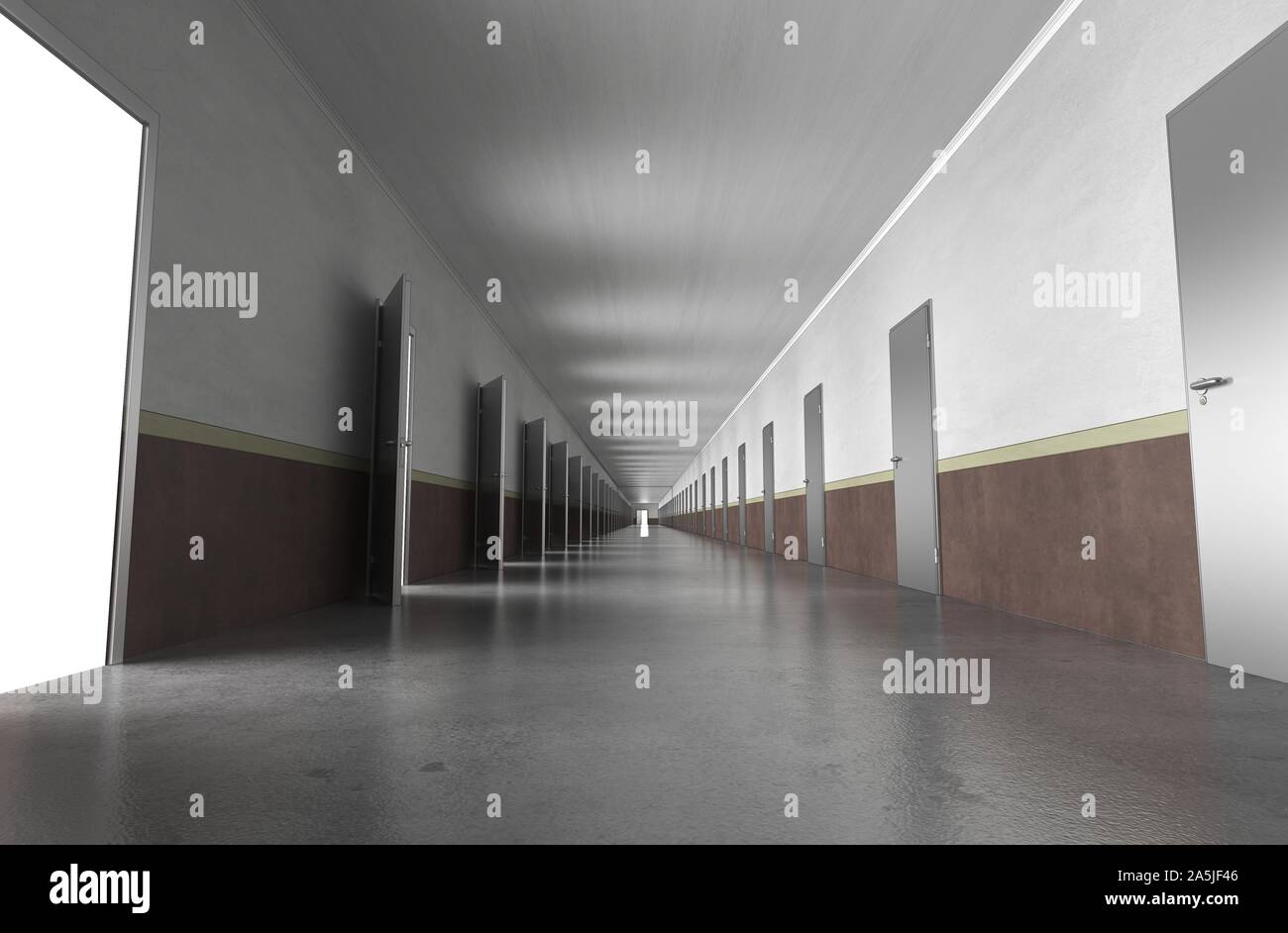long corridor with doors, interior visualization, 3D illustration Stock ...