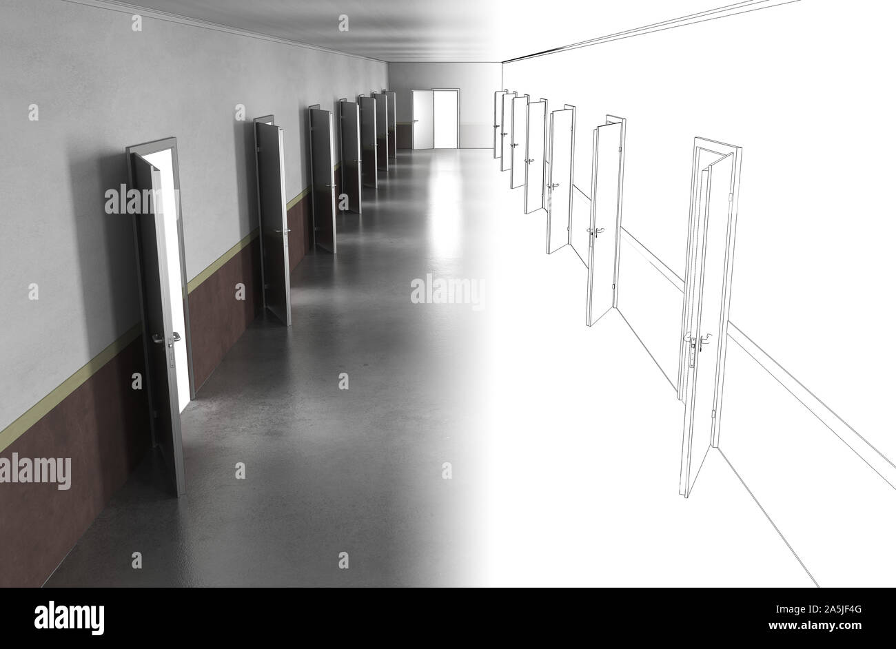 long corridor with doors, interior visualization, 3D illustration Stock ...