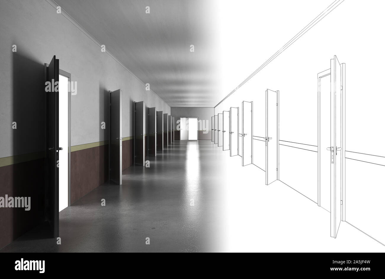 long corridor with doors, interior visualization, 3D illustration Stock ...