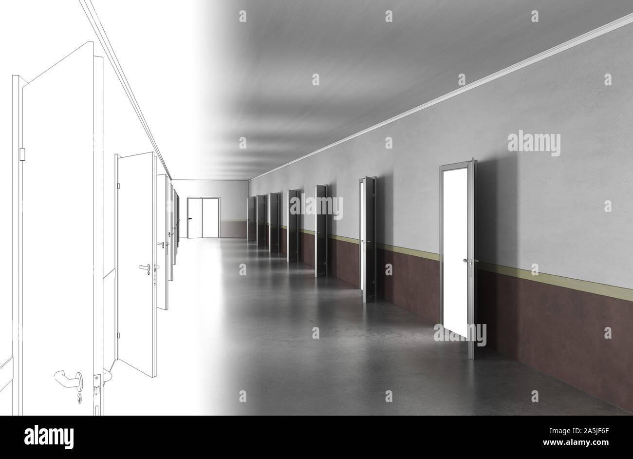 long corridor with doors, interior visualization, 3D illustration Stock ...