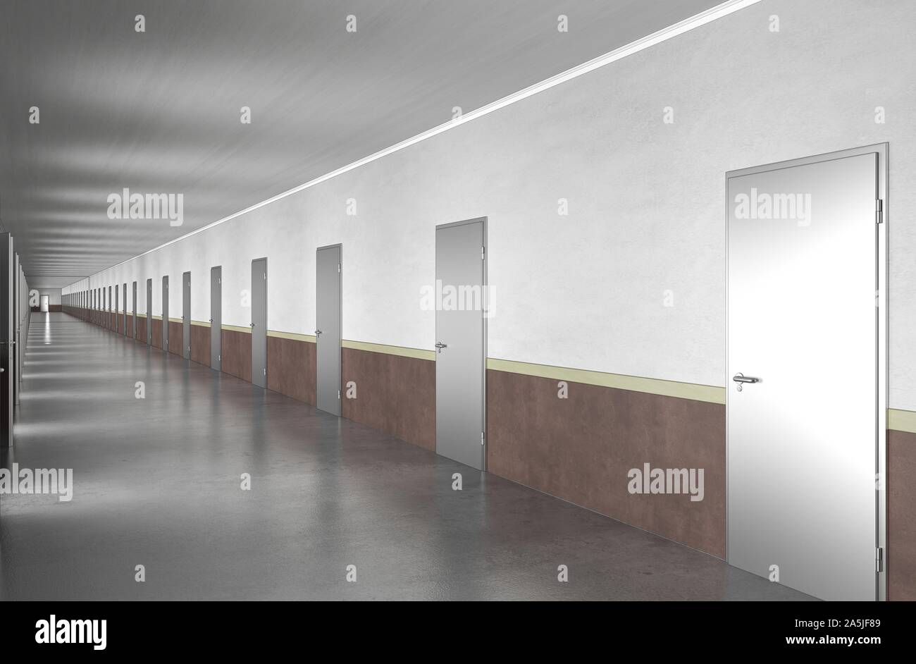long corridor with doors, interior visualization, 3D illustration Stock ...