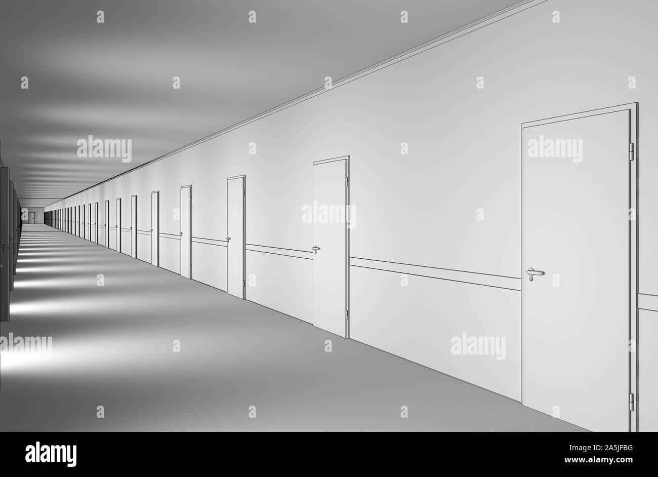 long corridor with doors, interior visualization, 3D illustration Stock ...