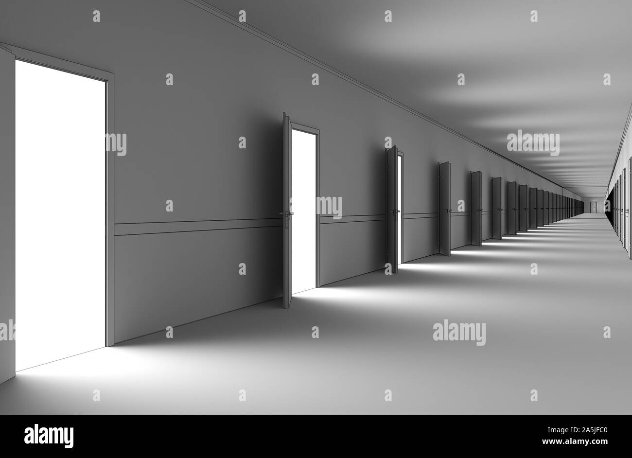 long corridor with doors, interior visualization, 3D illustration Stock ...
