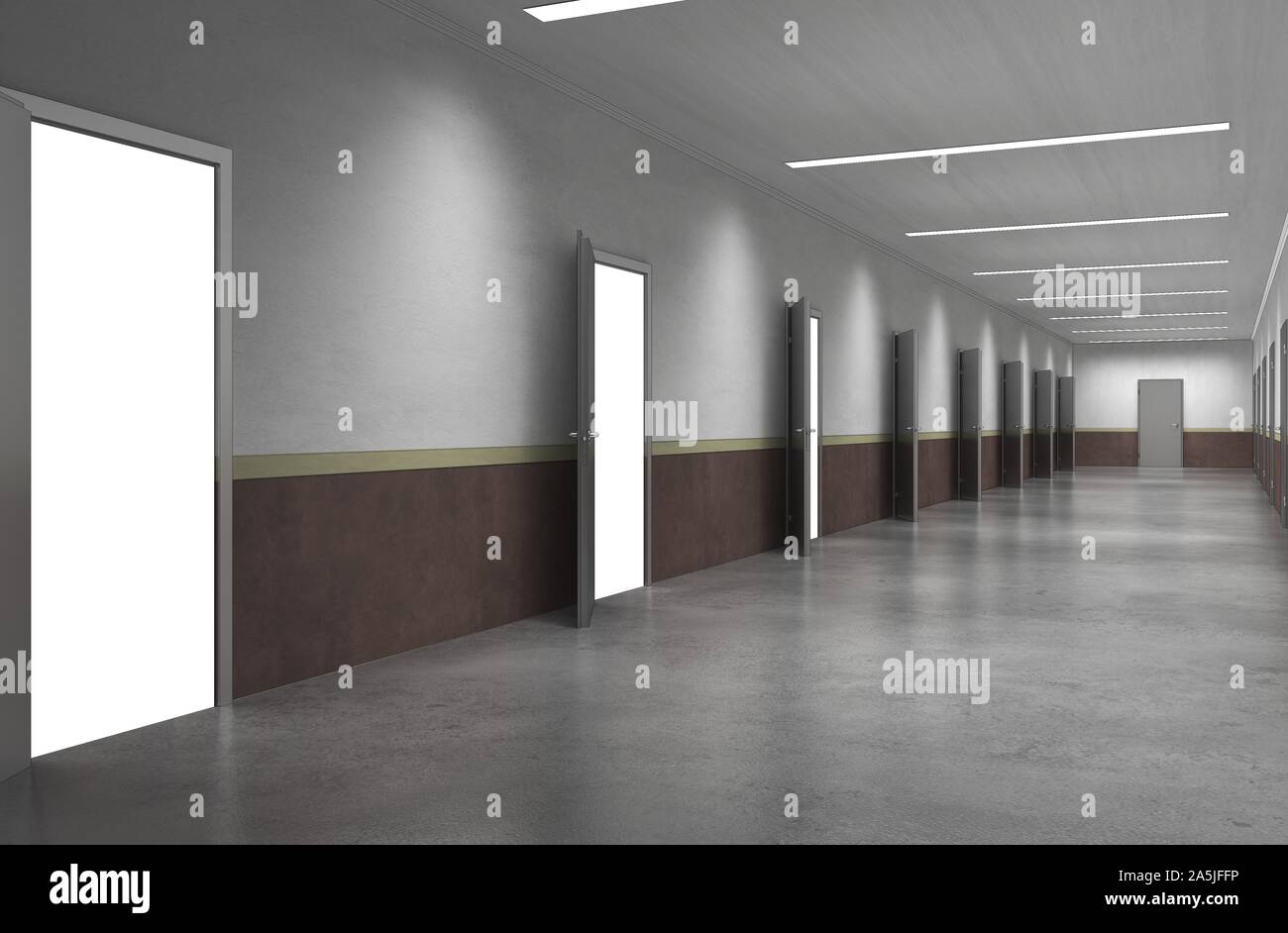 long corridor with doors, interior visualization, 3D illustration Stock ...