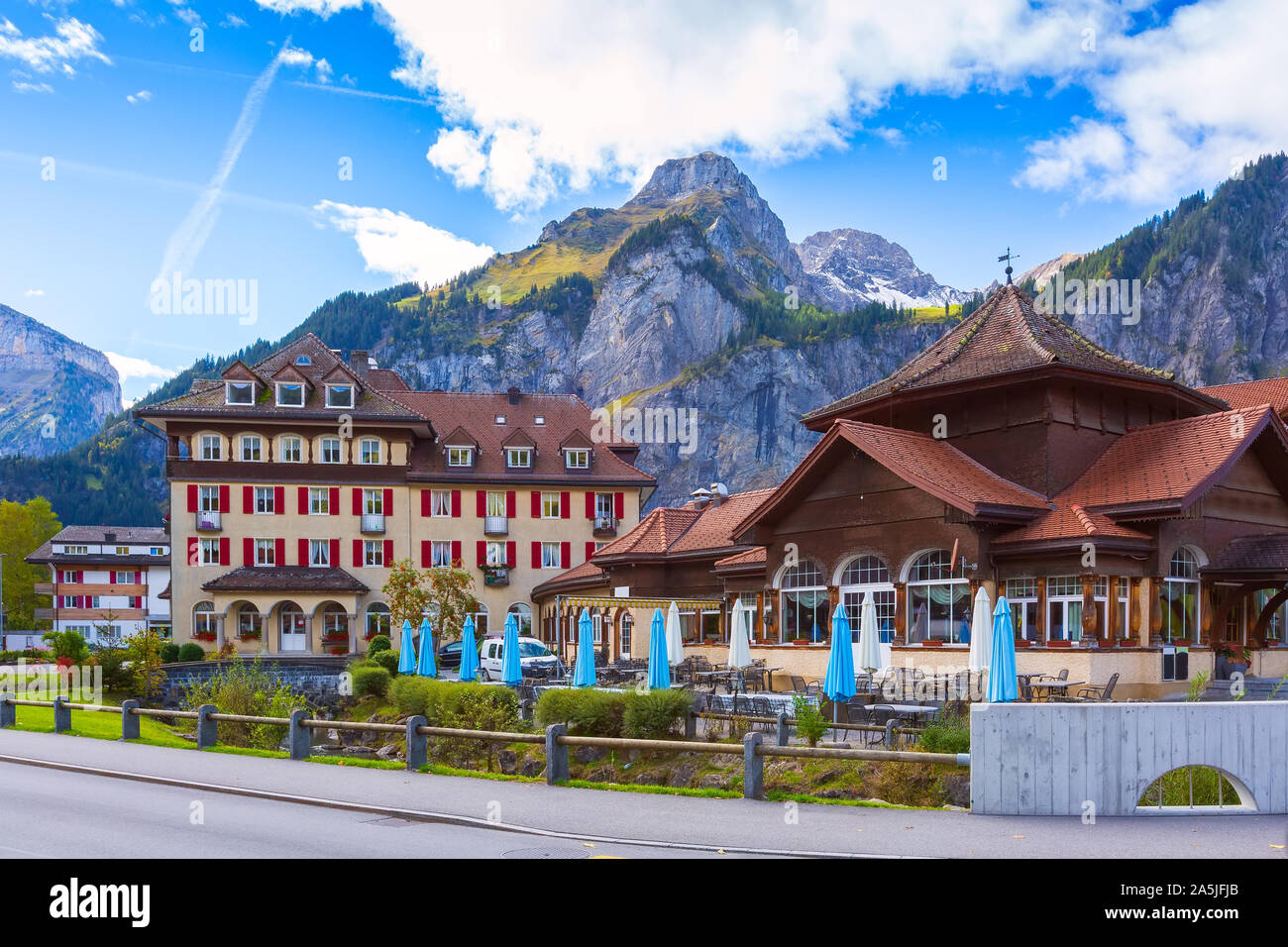 Kandersteg, Switzerland street view with colorful wooden houses ...