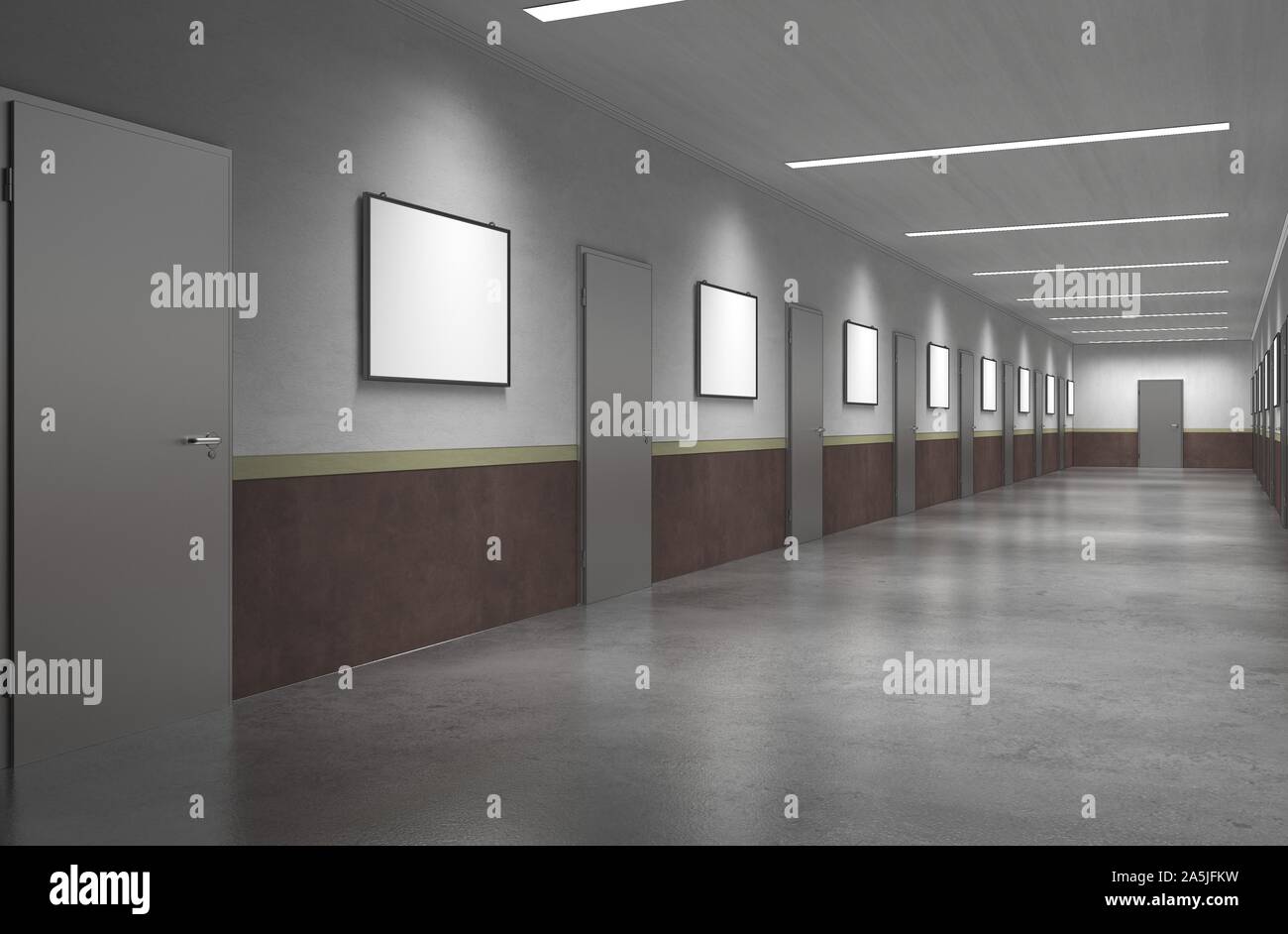 long corridor with doors, interior visualization, 3D illustration Stock ...