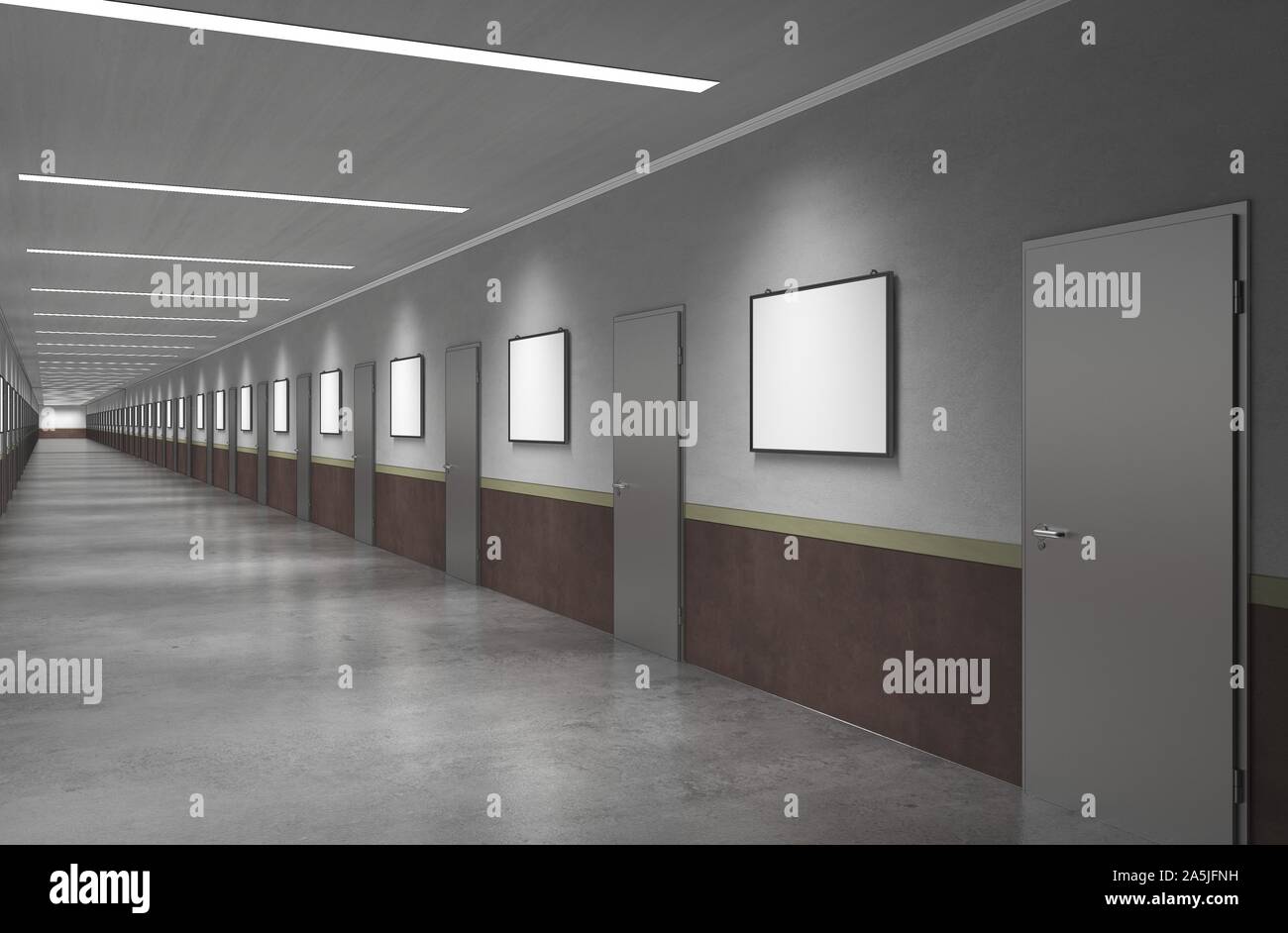 long corridor with doors, interior visualization, 3D illustration Stock ...