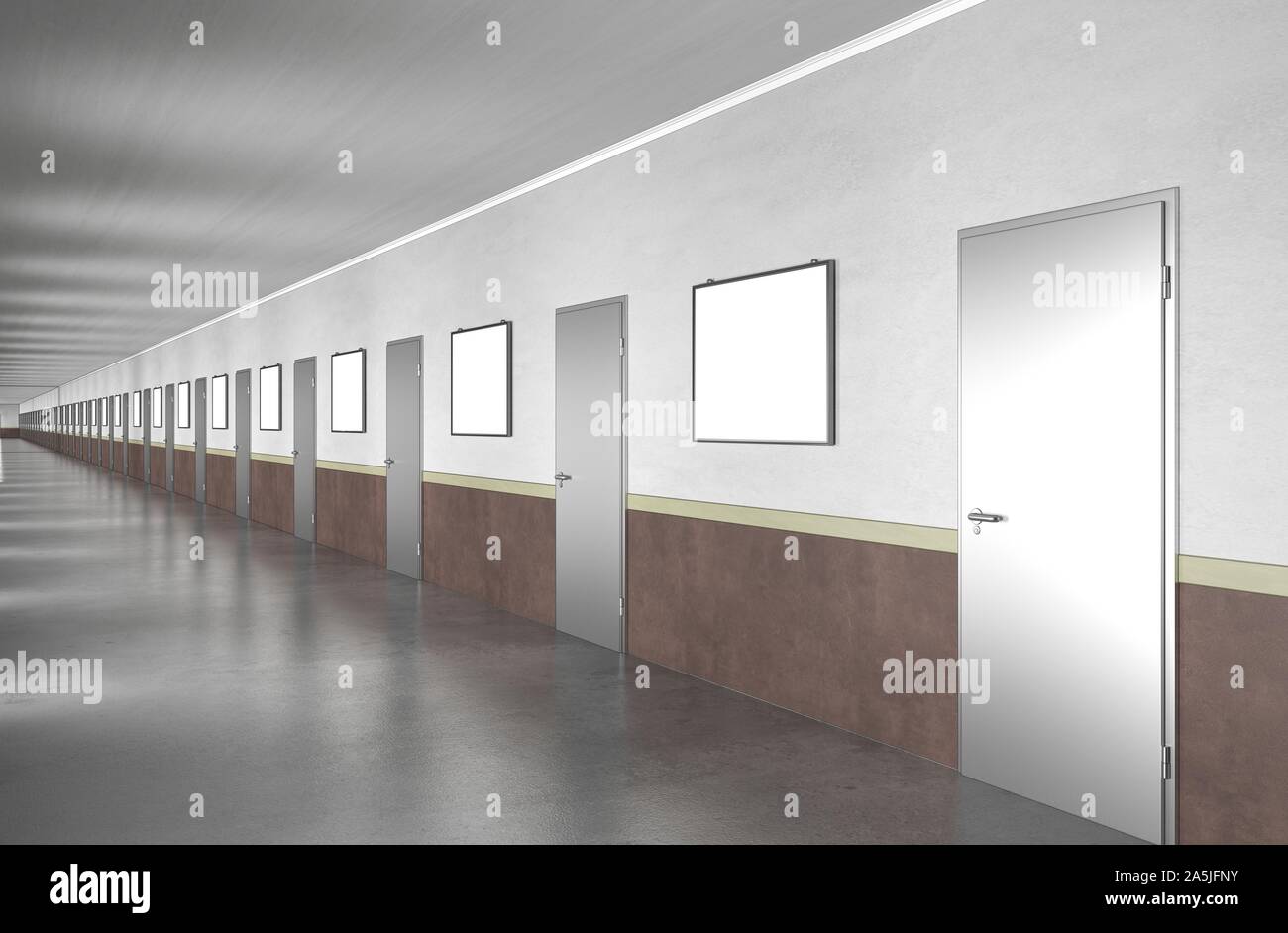 long corridor with doors, interior visualization, 3D illustration Stock ...
