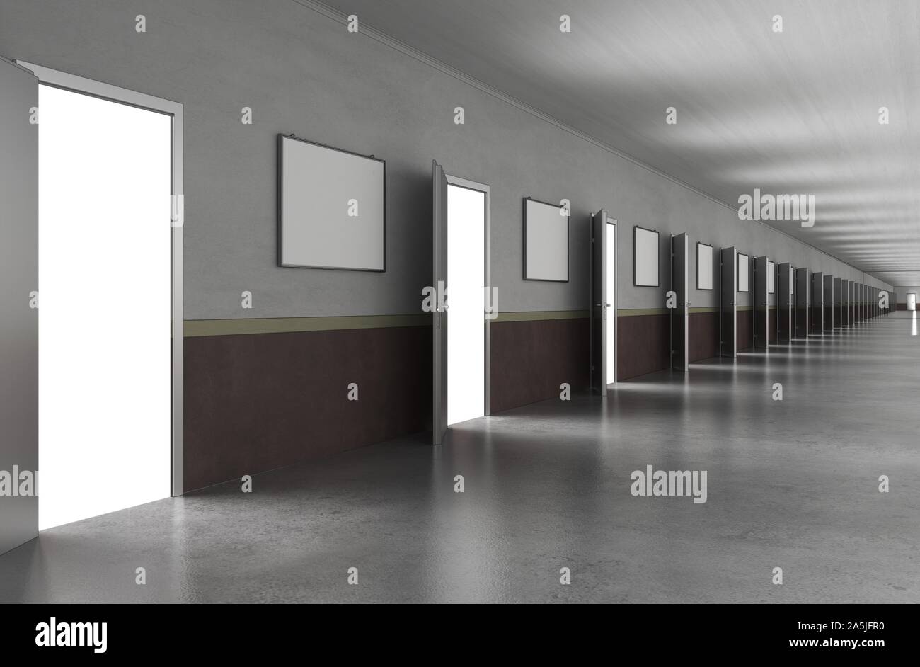 long corridor with doors, interior visualization, 3D illustration Stock ...