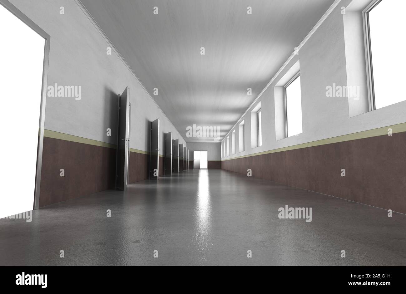 long corridor with doors, interior visualization, 3D illustration Stock ...